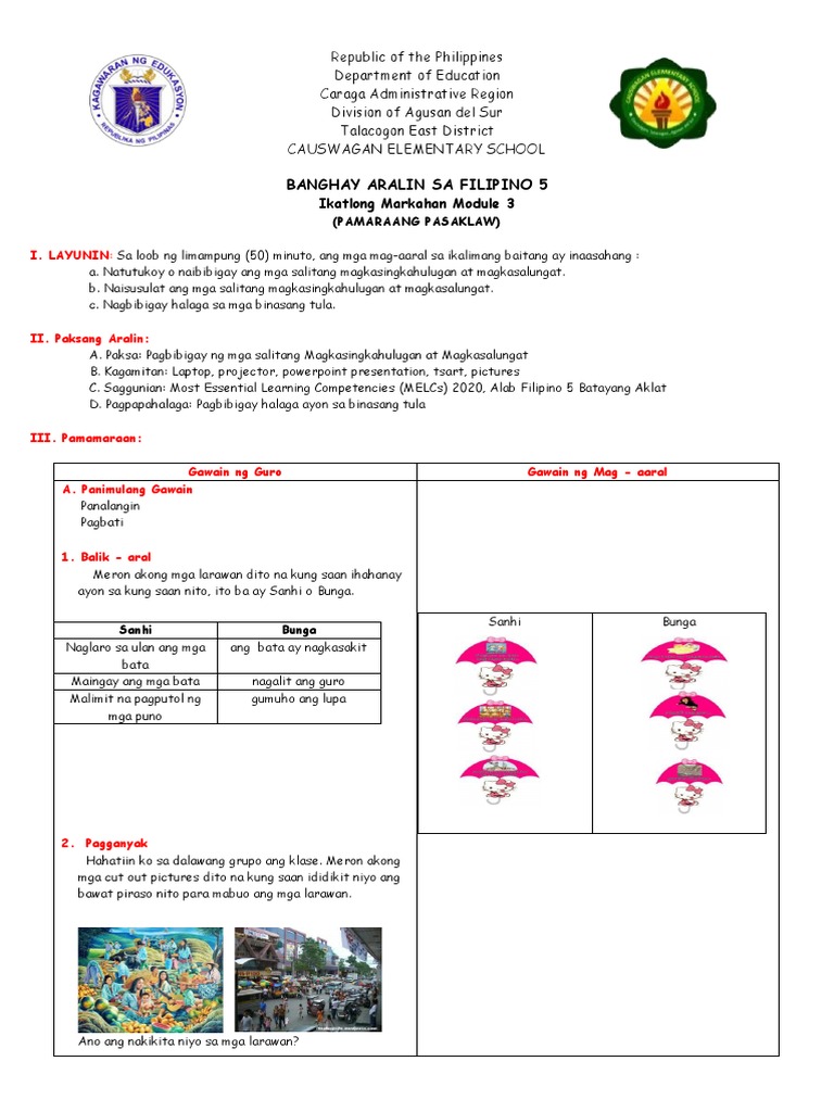 Banghay Aralin Sa Filipino 5 2021 2022 | PDF