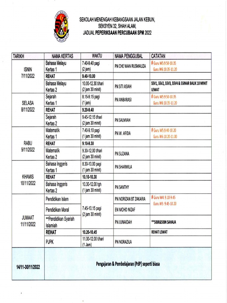 Jadual Percubaan Spm 2022 Pdf
