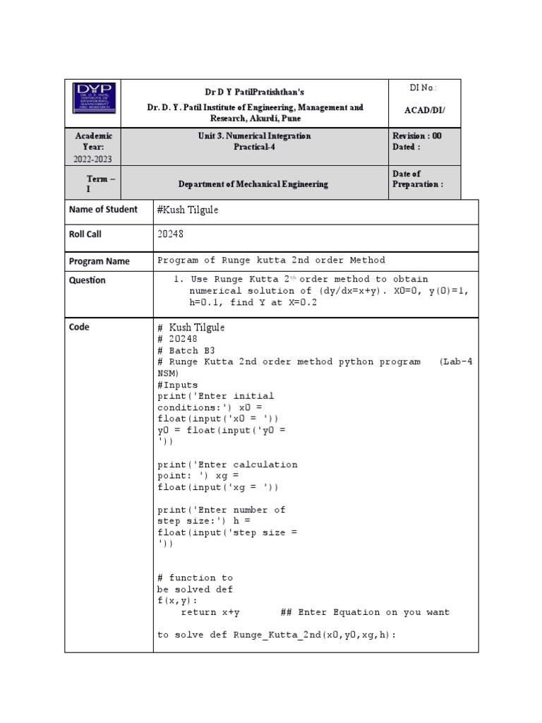 NSM - Runge Kutta - 2nd Order - Lab 4 | PDF | Mathematical Objects | Differential Equations