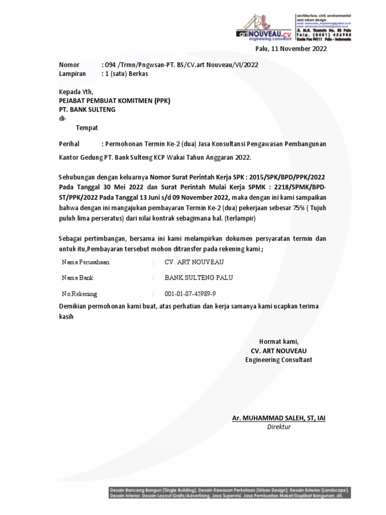 Surat Permohonan Pembayaran Termin Ke - 2 100 % | PDF