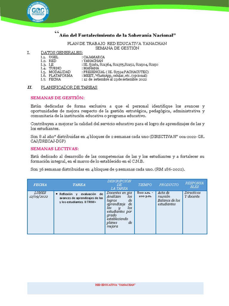 PLAN DE TRABAJO 3 y 4 SEMANAS DE GESTION 2022. | Descargar gratis PDF | Método de enseñanza ...