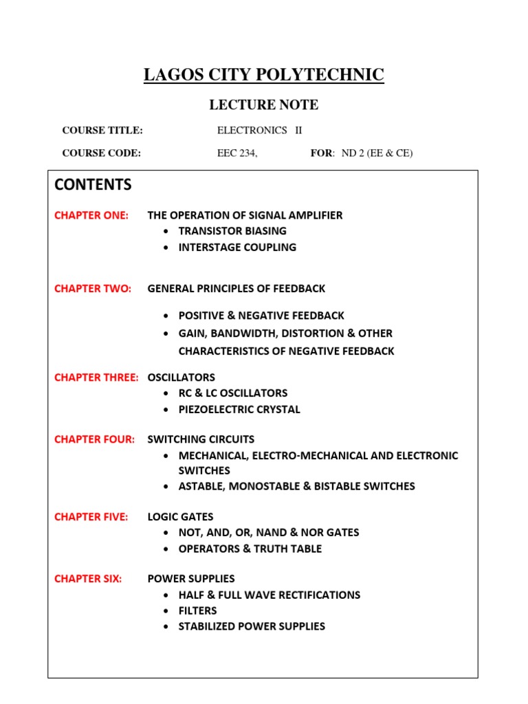 Eec 234 Electronics II Lecture Note | PDF | Amplifier | Electronic Oscillator