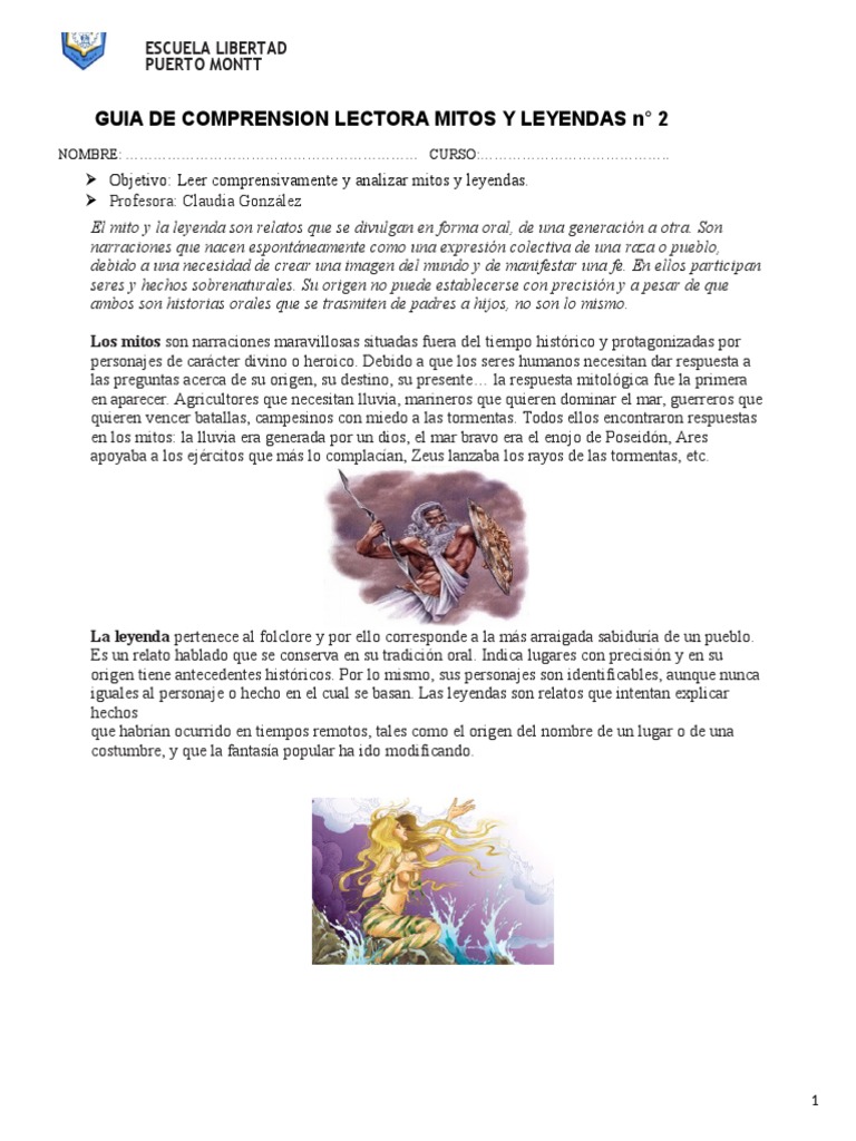 Guía Comprensión Lectora de Mitos y Leyendas | PDF | Mitos de la ...