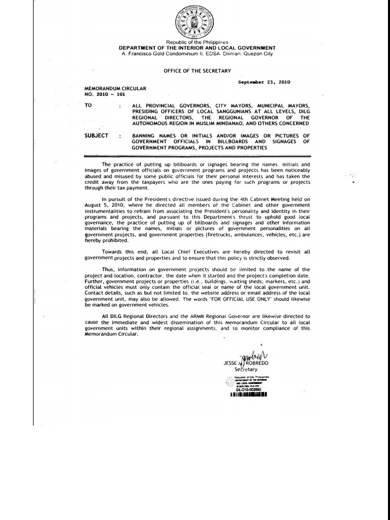 Anti-Epal Memorandum - DILG Memorandum Circular - 2010-101 | PDF ...