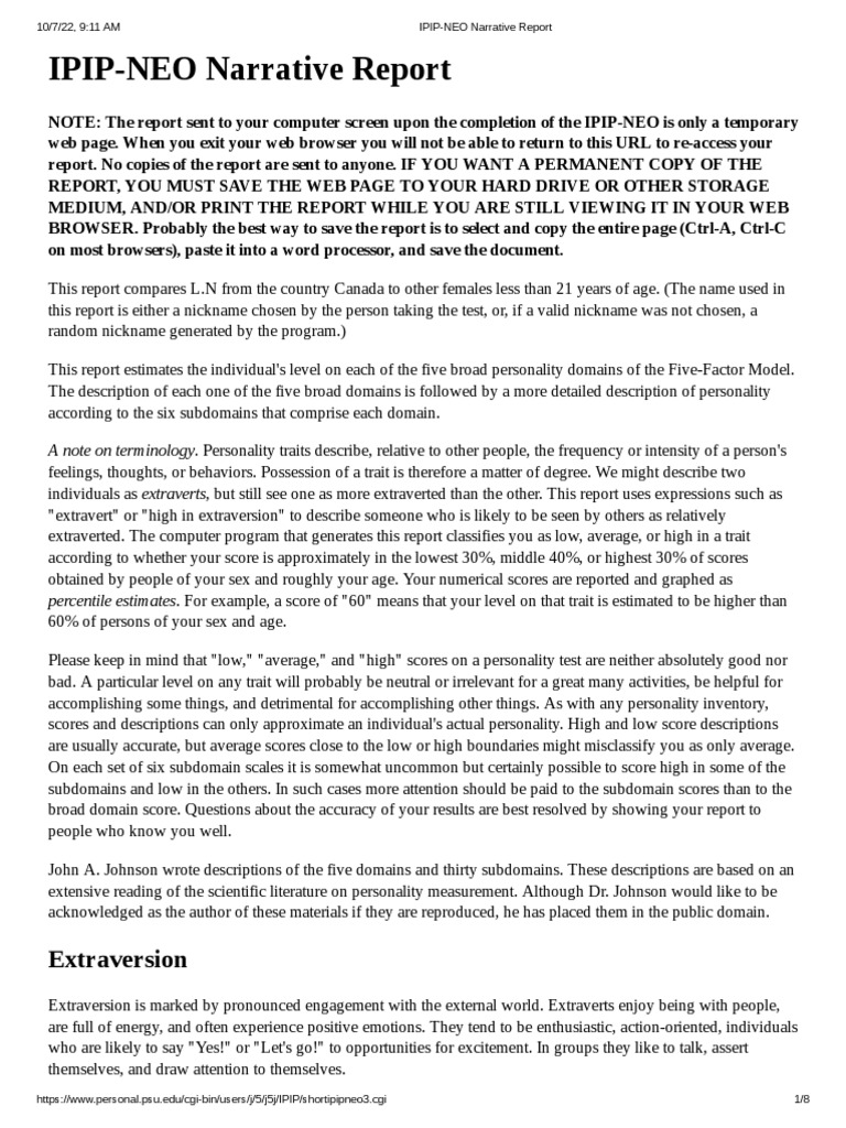 IPIP-NEO Narrative Report | PDF | Extraversion And Introversion | Anxiety