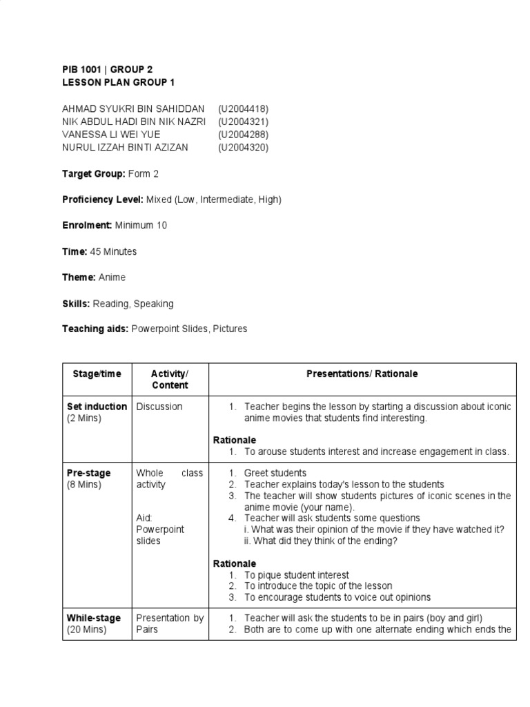 Anime Lesson Plan for Form 2 Students | PDF | Language Arts & Discipline