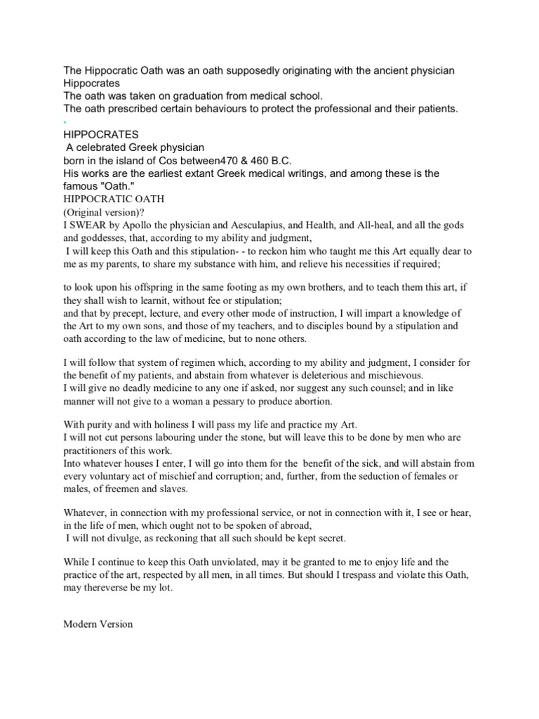 Hippocratic Oath | PDF | Oath Of Office | Medicine