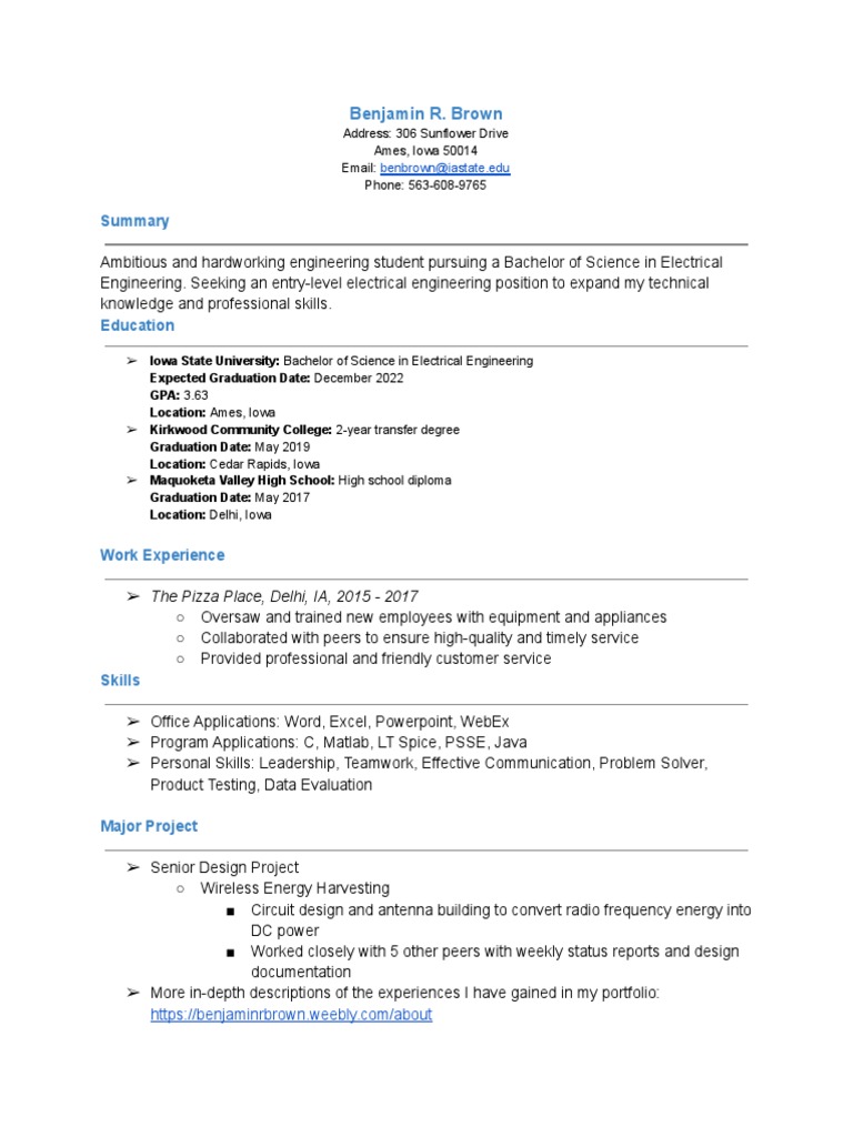 Benjamin R. Brown: Address: 306 Sunflower Drive Ames, Iowa 50014 Email ...