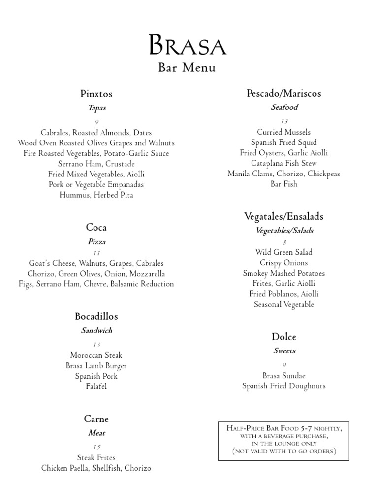 Brasa Restaurant Menu Highlights | PDF