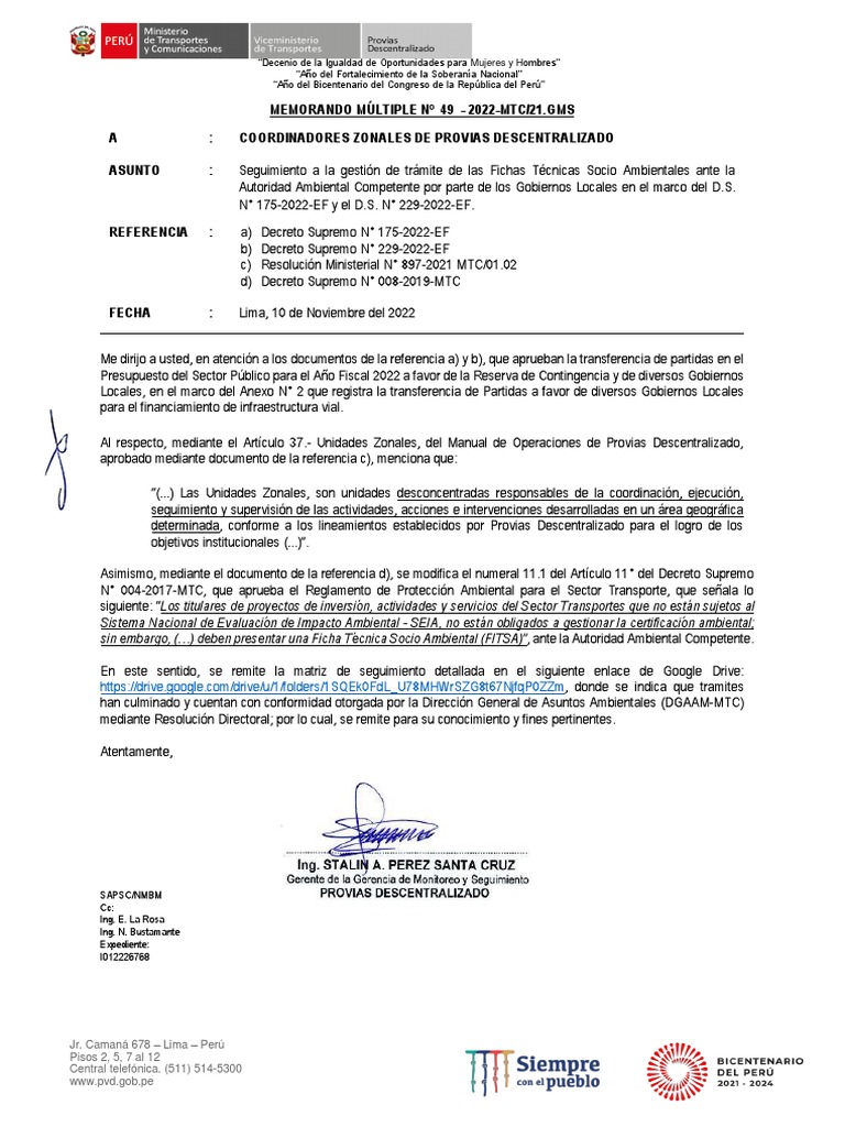 Memorando Multiple #00049-2022-MTC-21.GMS-1 | PDF | Gobierno