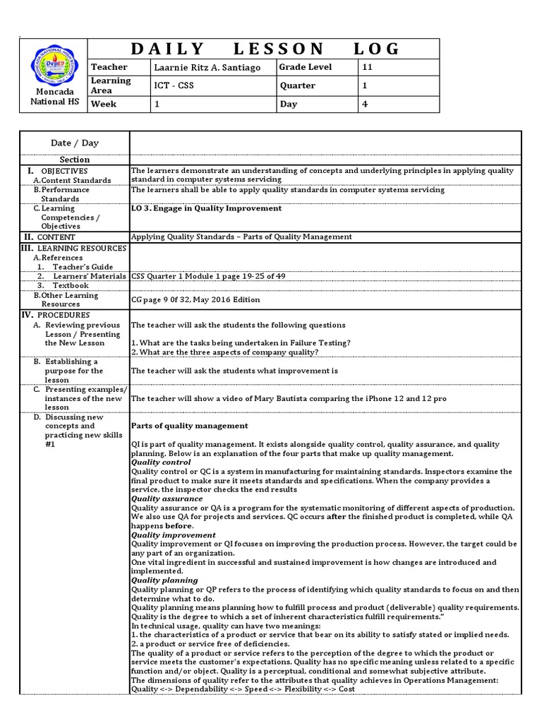 11 CSS Week 1 Day 4 | Download Free PDF | Quality Assurance | Teachers