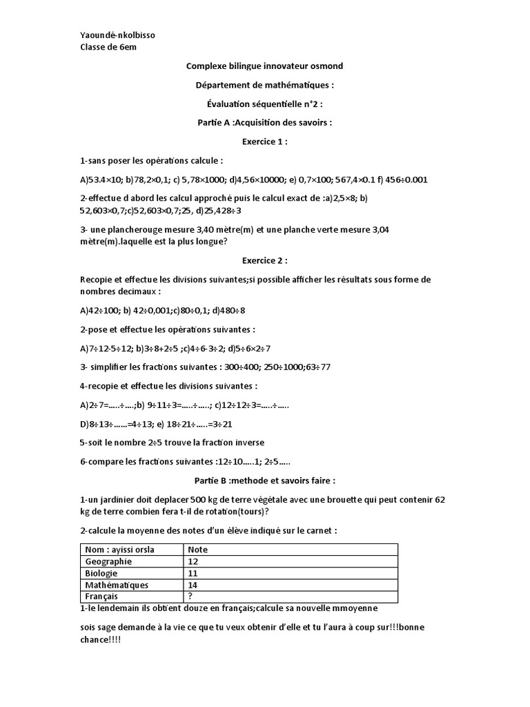 Epreuve de Mathématique 6eme Seq 2 | PDF