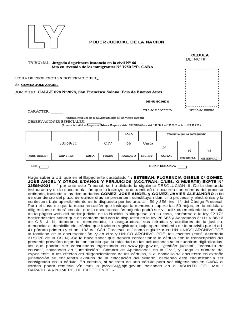 Cedula de Traslado de Demanda - Caso B | PDF | Demanda judicial ...
