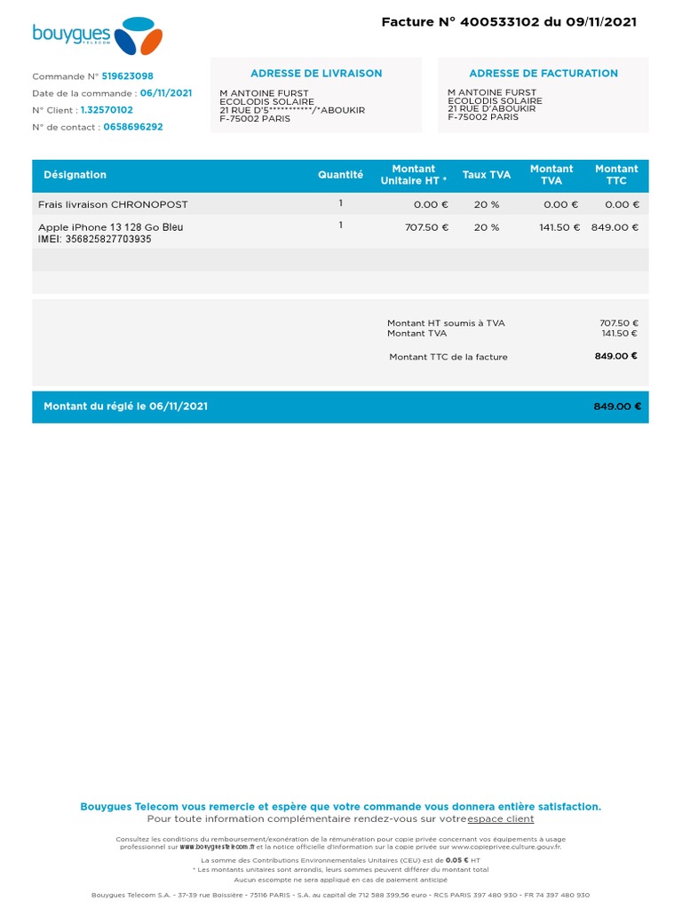 Facture - Bouygues Iphone 13 BLUE 128GB | PDF