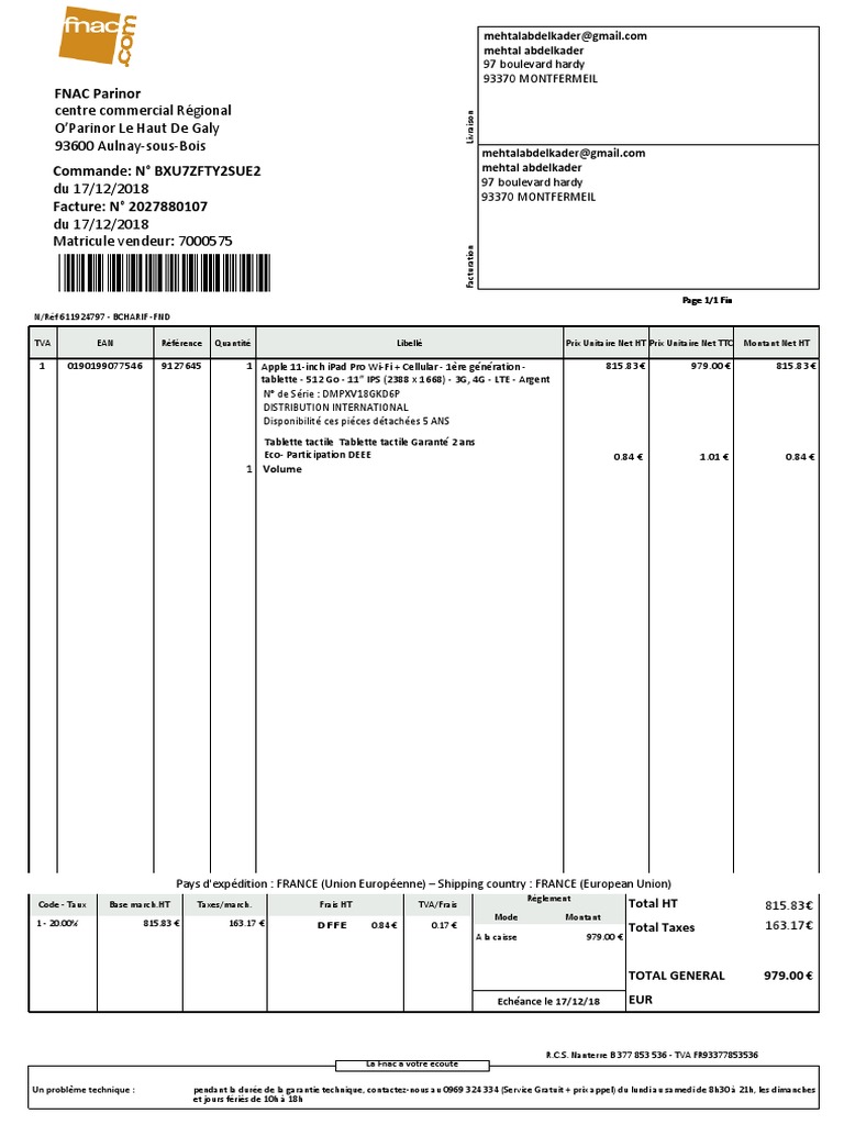 Facture Fnac Ipad | PDF