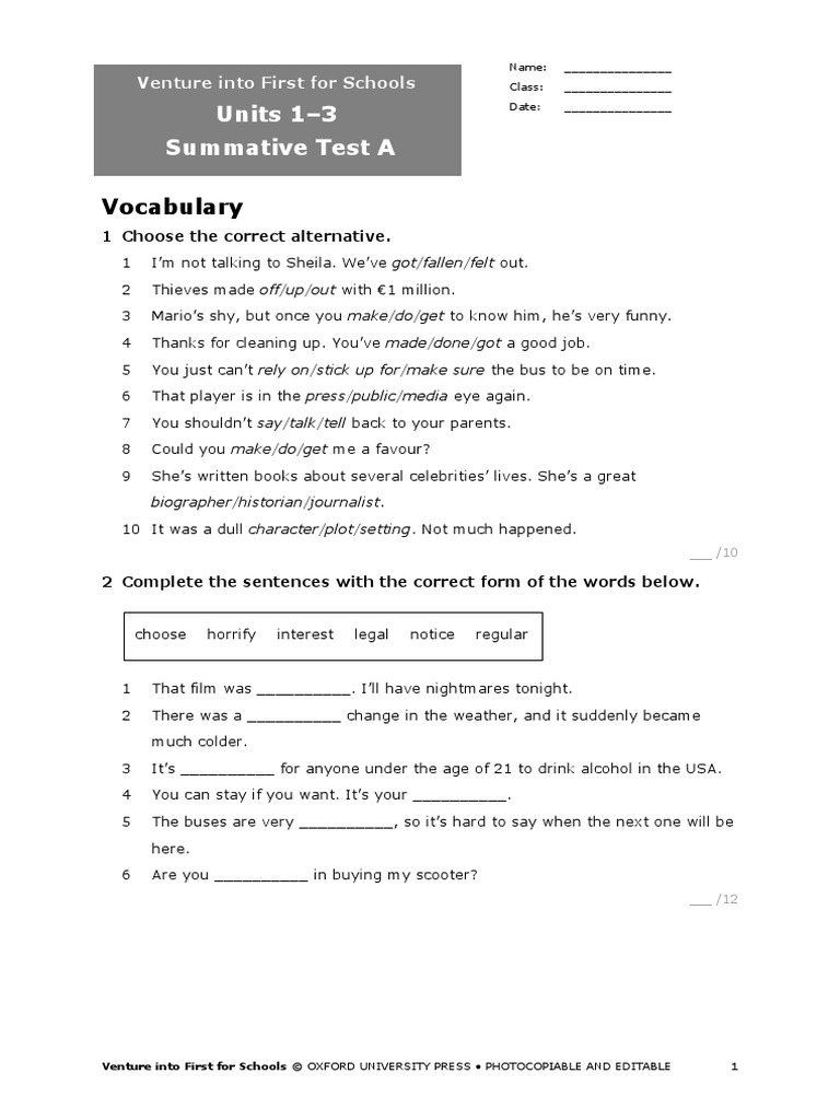 Venture First Schools Summative Test Units1 3 A | PDF