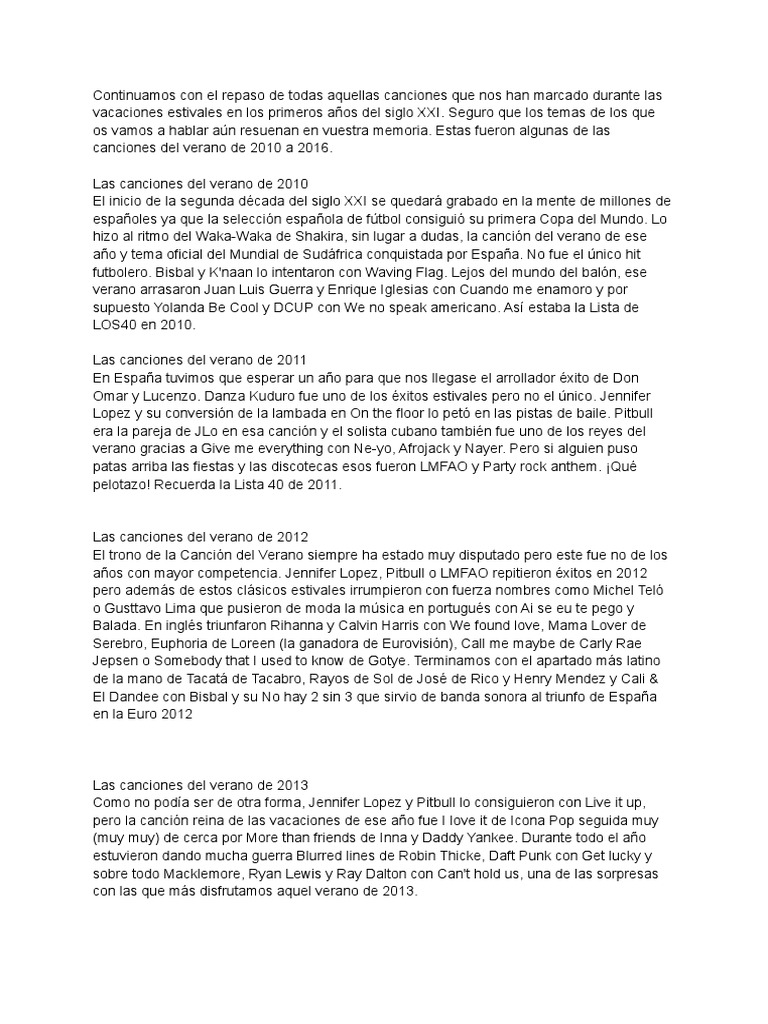 Canciones del verano 2010-2016 en España | PDF | Musica Popular | Músicos
