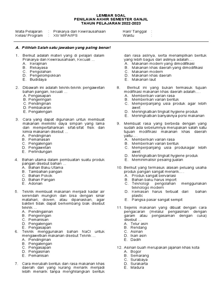 Pas Pkwu Xii SMT 1 Soal 2022-2023 | PDF