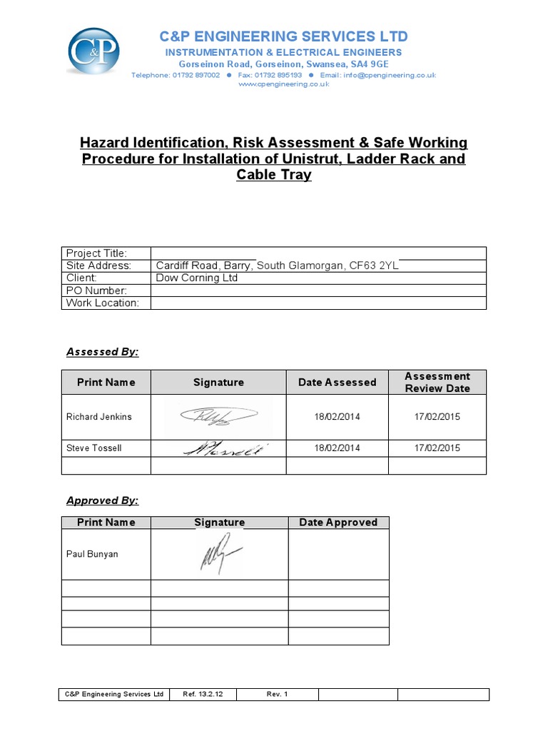13.2.12 RA SWP For Installation of Unistrut Ladder Racks Cable Tray at ...