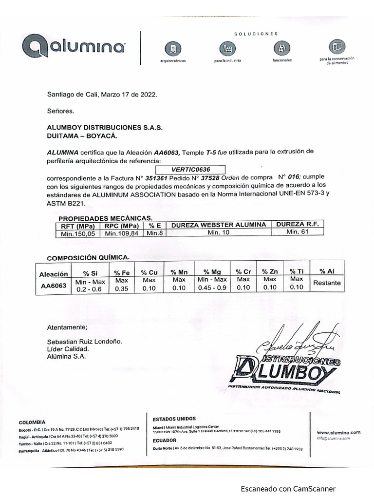 Certificado Calidad de Materiales - Aluminio | PDF