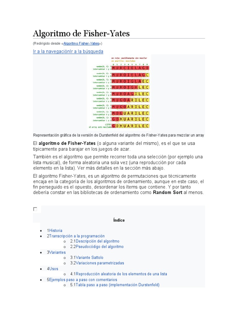 Algoritmo Fisher-Yates: Barajado Eficiente | PDF | Métodos y materiales ...