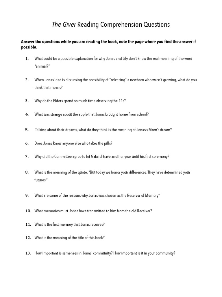 The Giver Reading Comprehension Questions | PDF | The Giver