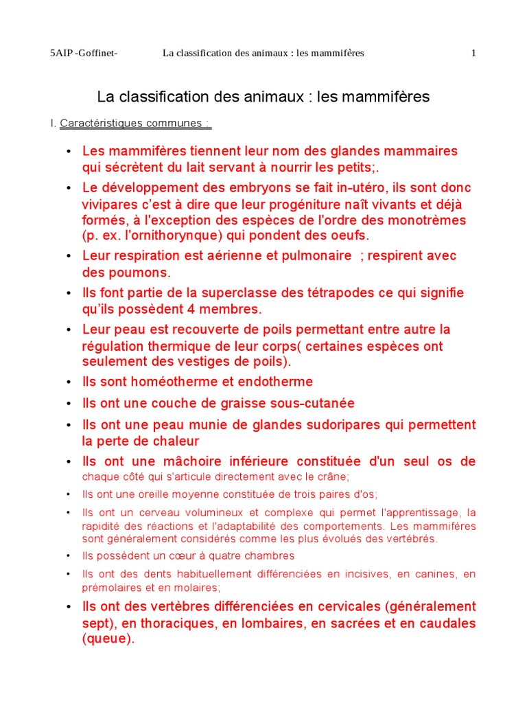 5AIP - Classification - Les Mammifères - 22-23 | PDF