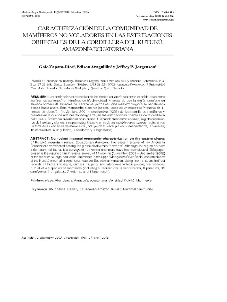 Caracterización de La Comunidad de Mamíferos No Voladores en Las ...