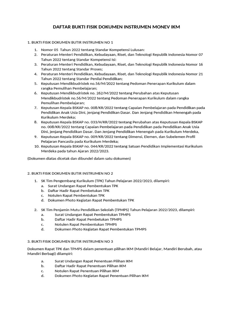 Bukti Fisik Dokumen Butir Instrumen Monev Ikm | PDF