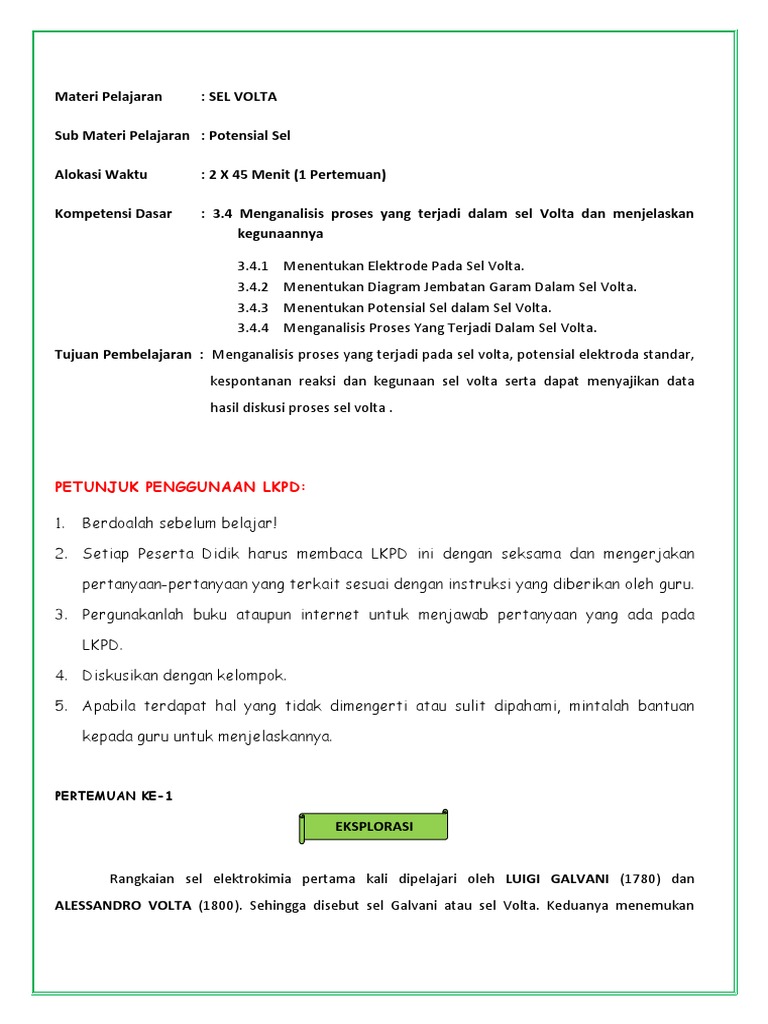 LKPD Sel Volta | PDF | Metode & Bahan Ajar | Sains & Matematika