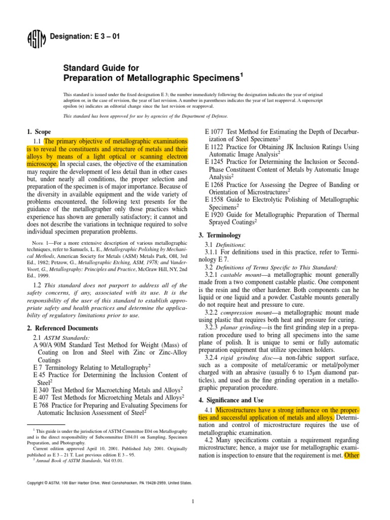 Norma - ASTM E3-01 - Standard Guide For Preparation of Metallographic Specimens | PDF
