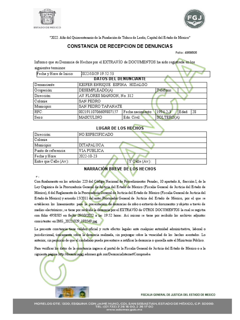 Constancia de Recepcion de Denuncias: Datos Del Denunciante | PDF | Derecho