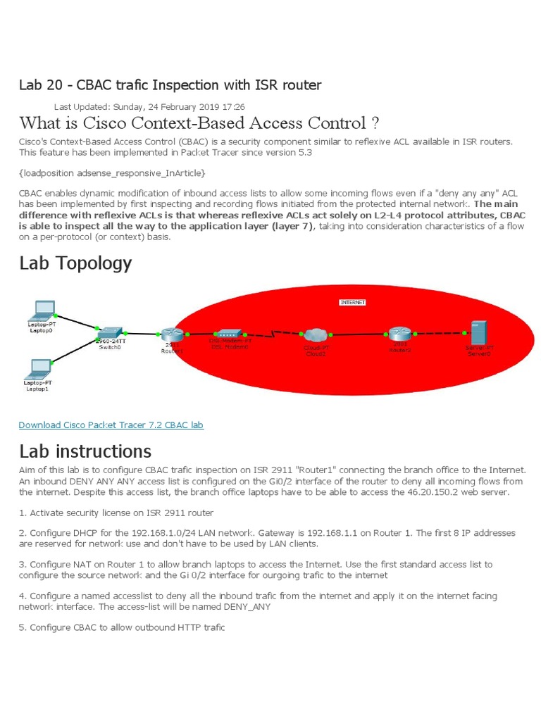 PT-Lab 20 - CBAC Trafic Inspection With ISR Router | PDF | Router ...
