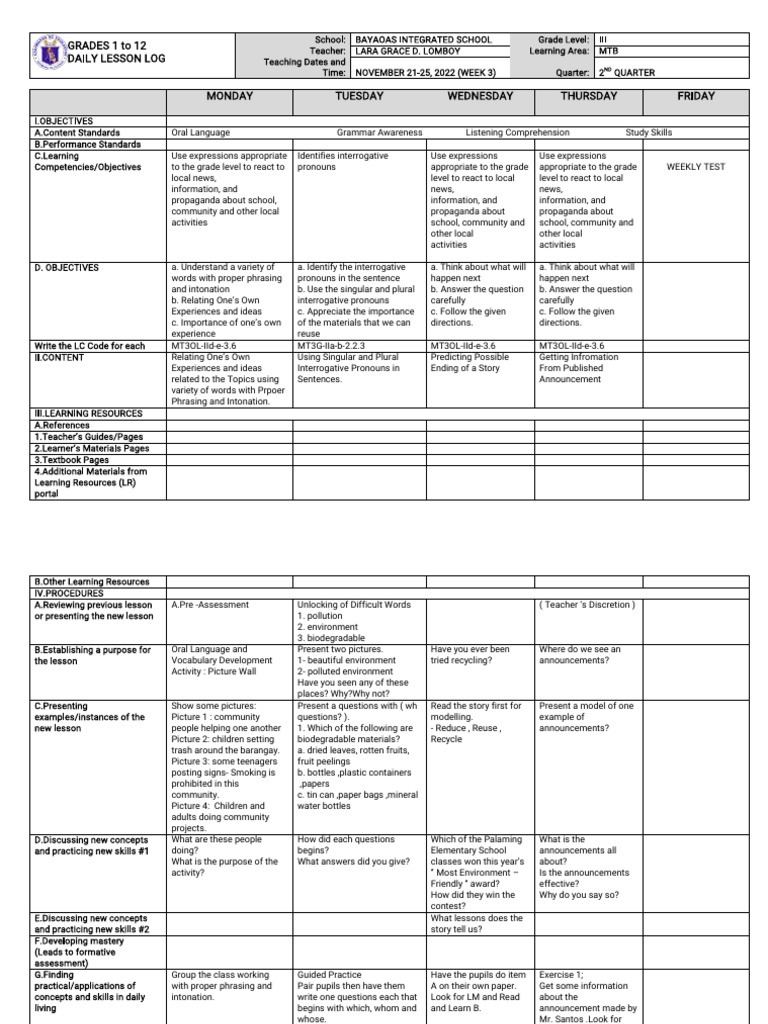 DLL Grade-3 Q2 W3 | PDF
