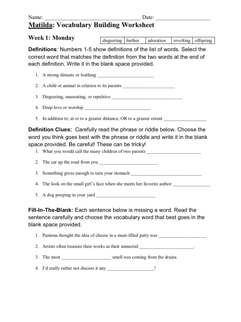 Matilda - Vocabulary Building Worksheets | PDF | Vocabulary | Nature