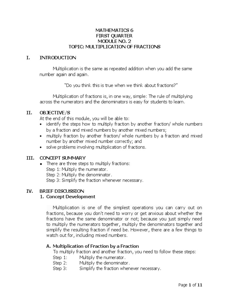 1Q M6 Module 2 Multiplication of Fractions Final | PDF | Multiplication | Notation