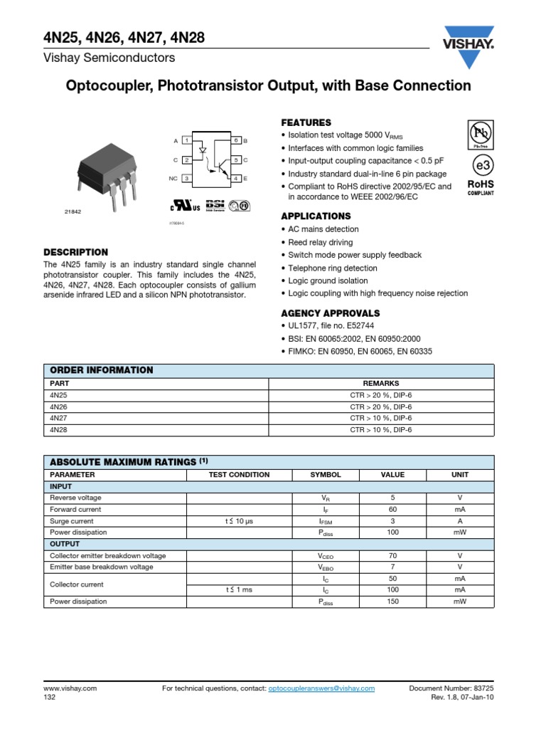 4N25, 4N26, 4N27, 4N28 Optocoupler, Phototransistor Output Vishay | PDF | Bipolar Junction ...
