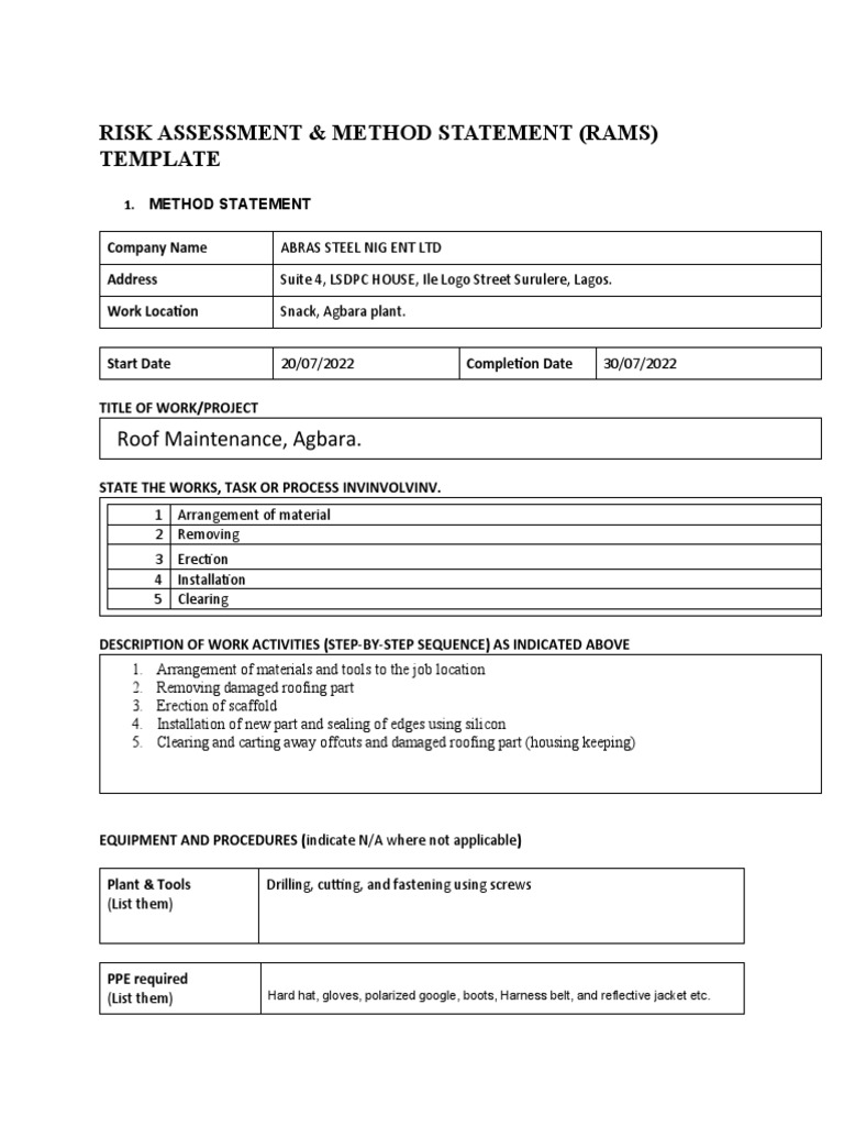 RAMS For Roof Maintenance@Agbara | PDF | Personal Protective Equipment ...