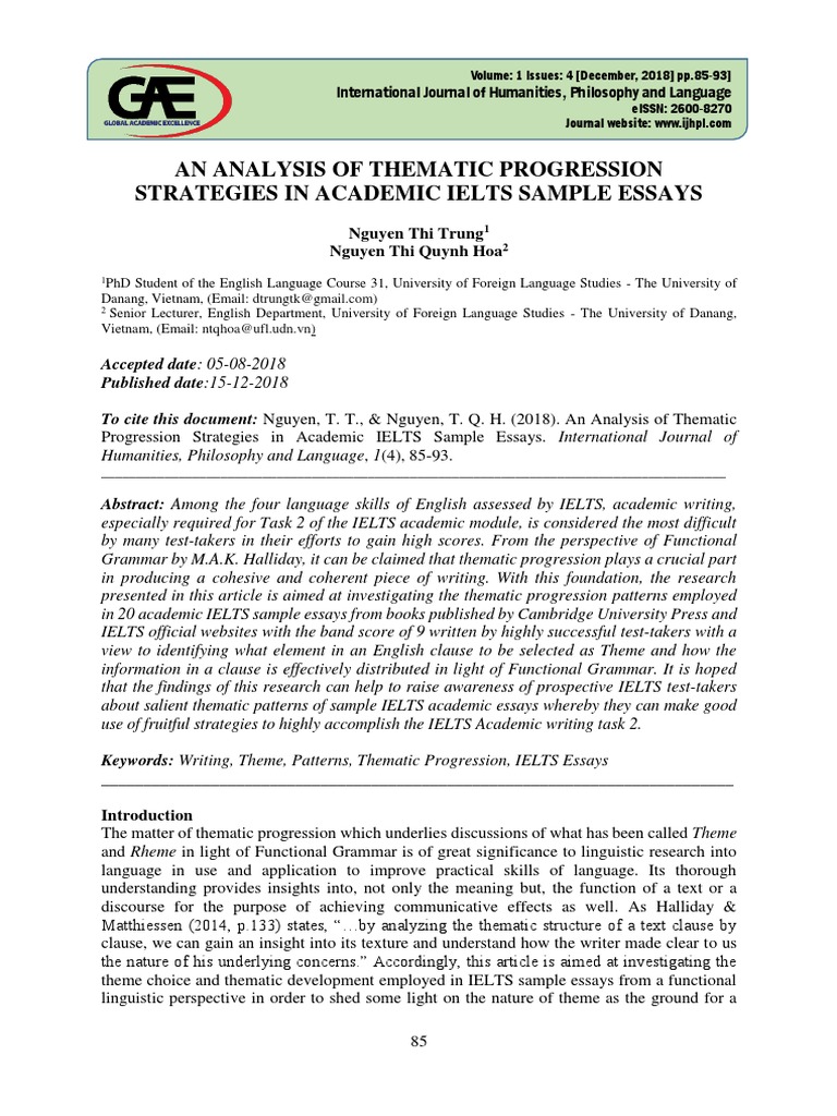 An Analysis of Thematic Progression Strategies in Academic Ielts Sample ...
