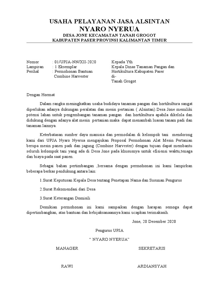 Proposal Combine Harvester UPJA Nyaro Nyerua | PDF
