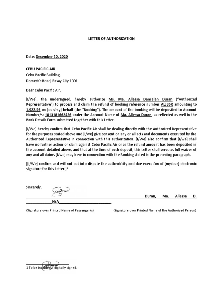 Authorization Letter For Cash Refund | PDF