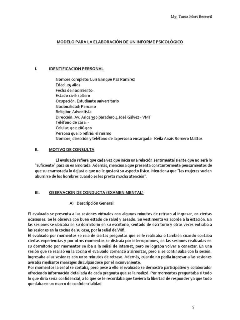 MODELO DE INFORME PSICOLOGICO (1) (Reparado) | PDF | Relaciones personales, crianza y desarrollo ...