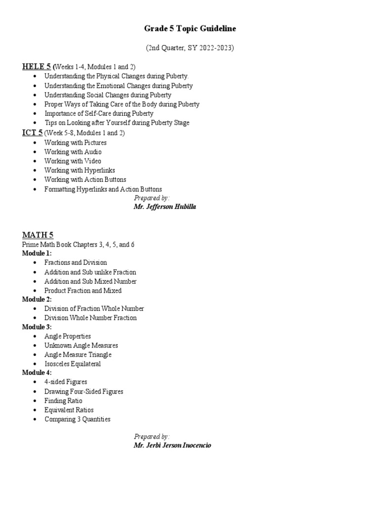 Grade 5 2nd Quarter Topic Guide | PDF