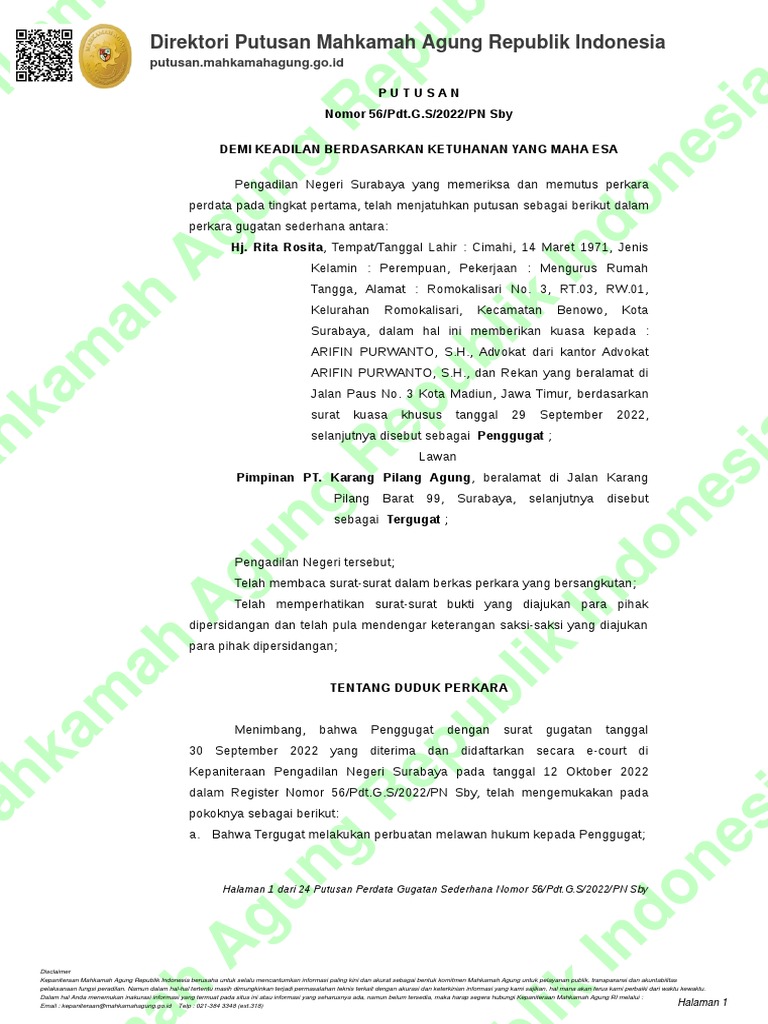 Putusan 56 Pdt.g.s 2022 PN Sby 20221117112038 | PDF