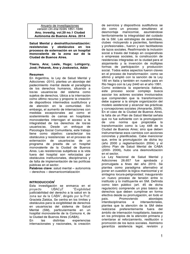 Salud Mental y Desinstitucionalización - Tisera, Leale, Lohigorry ... Salud Mental y Desinstitucionalización - Tisera, Leale, Lohigorry ...