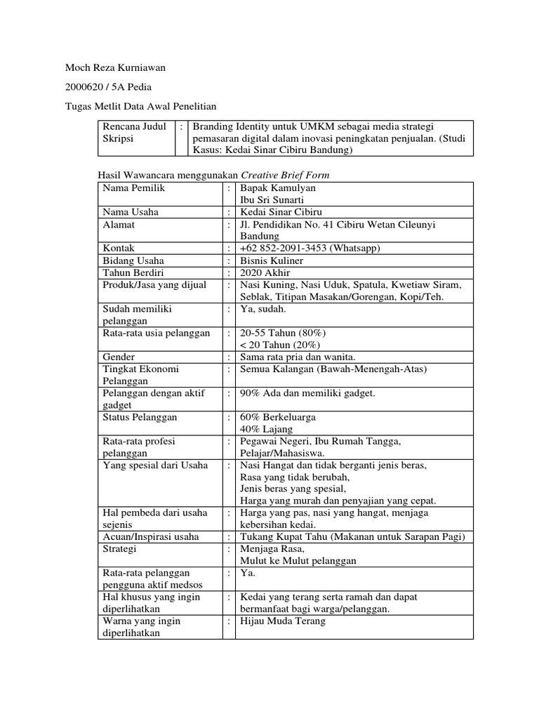 Moch Reza Kurniawan - TM Data Awal Penelitian | PDF