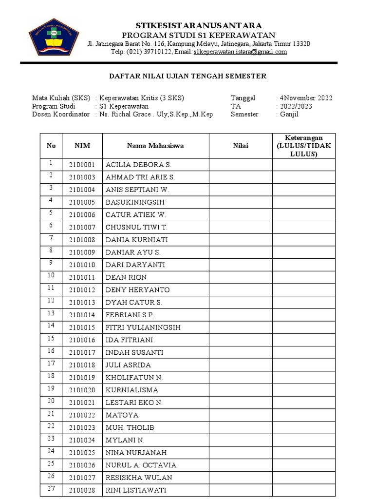 Daftar Nilai Uts - Template | PDF