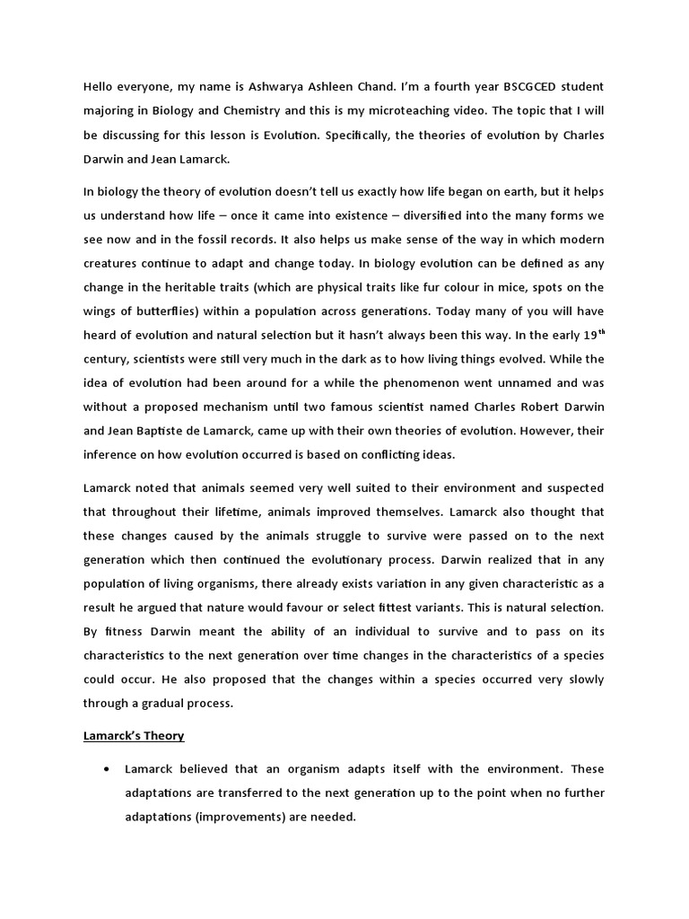 Comparing Lamarck and Darwin: An Analysis of Theories of Evolution Through Examples and Student ...