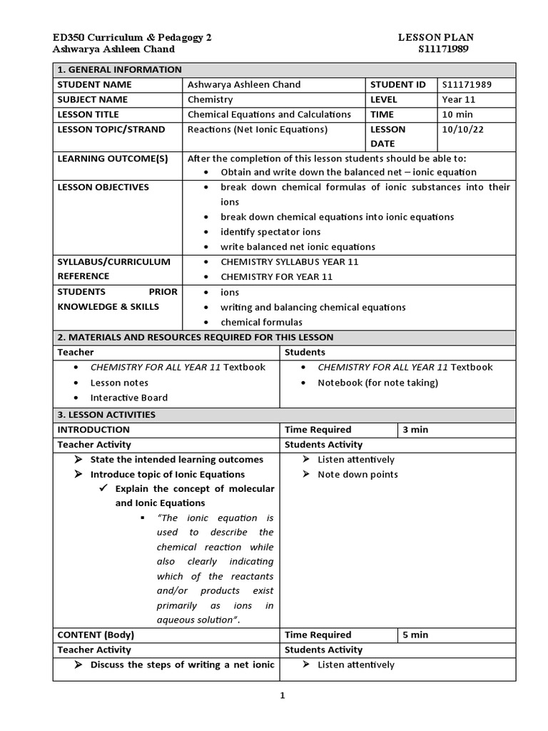 Year 11 Chemistry Micro Teaching Plan | PDF | Chemistry | Curriculum