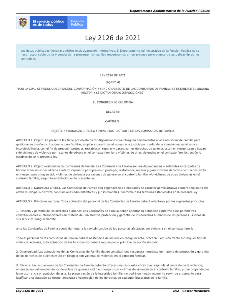 Ley 2126 de 2021: Comisarías de Familia | PDF
